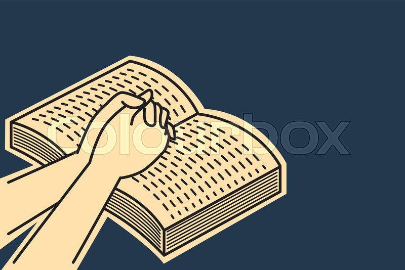 Hands holding, praying on open Bible ... | Stock vector | Colourbox