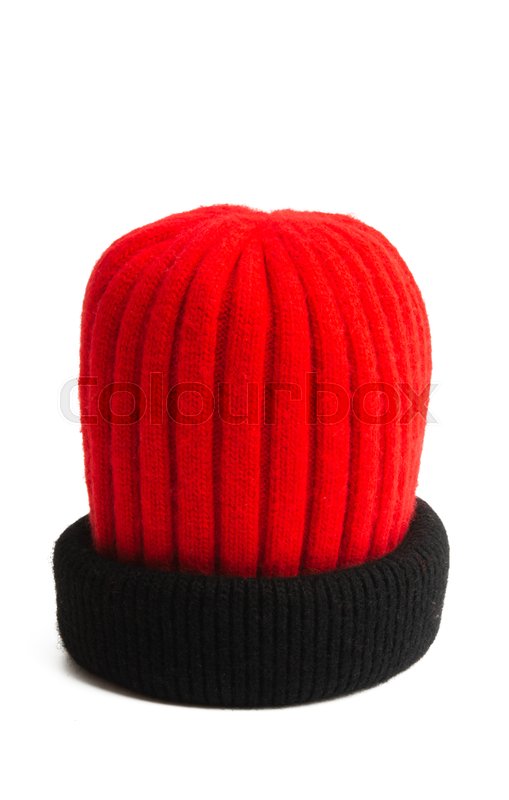Red knitted hat isolated on white ... | Stock image | Colourbox