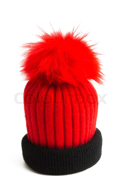 Red knitted hat isolated on white ... | Stock image | Colourbox