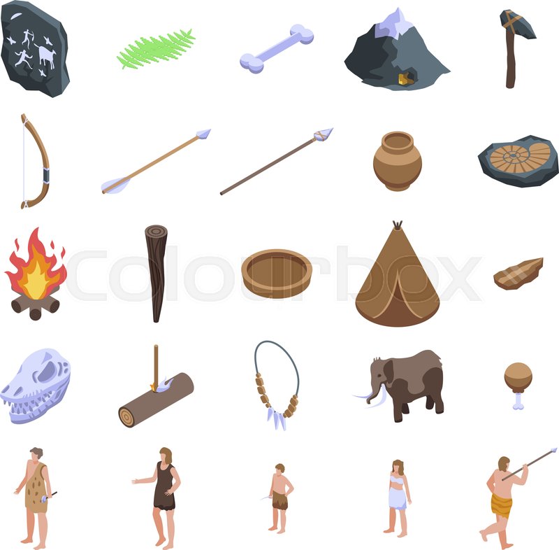 Stone age icons set. Isometric set of ... | Stock vector | Colourbox
