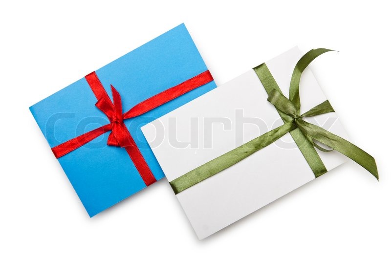 Envelope with colourful ribbon on white | Stock image | Colourbox