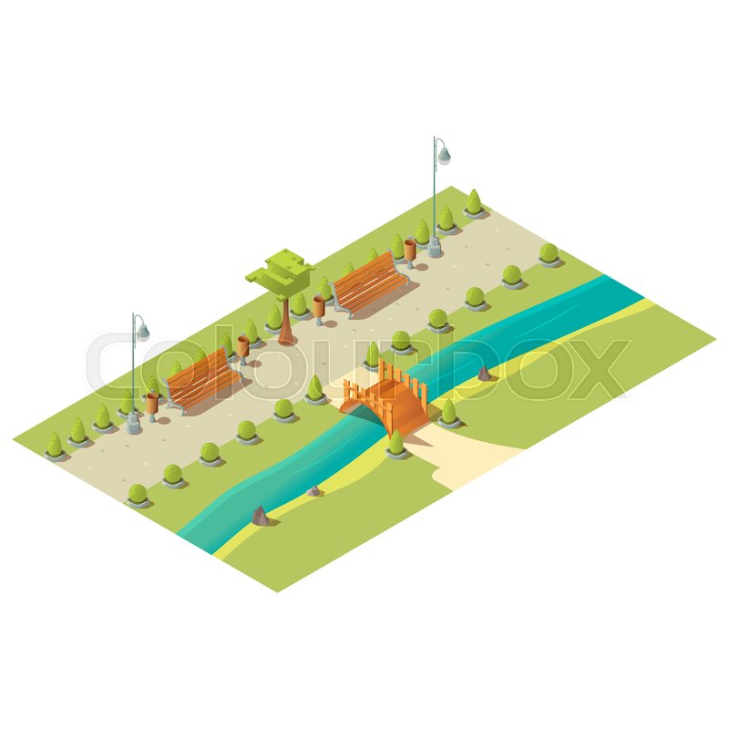 Isometric park with benches, trees, ... | Stock vector | Colourbox