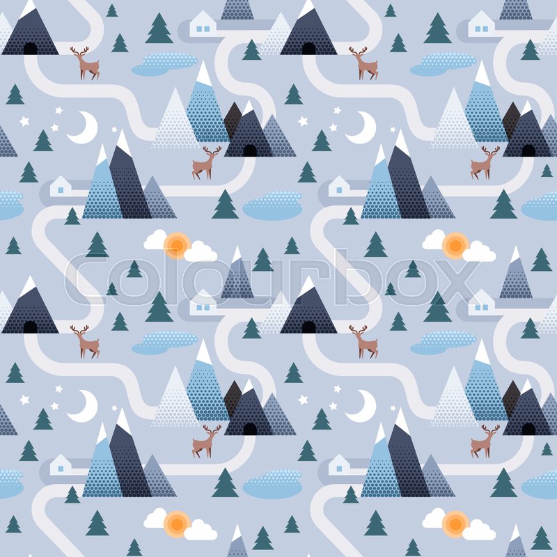 Seamless pattern with mountains, trees ... | Stock vector | Colourbox