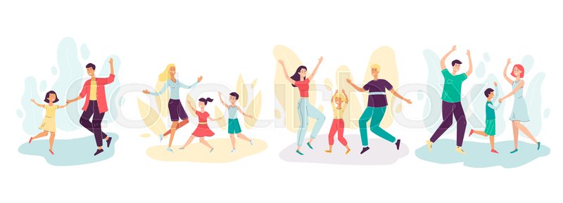Happy cartoon dancing family set on ... | Stock vector | Colourbox
