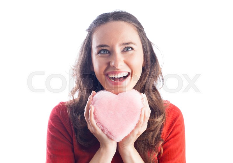 Happy Woman Hold Pink Heart Beautiful Stock Image Colourbox