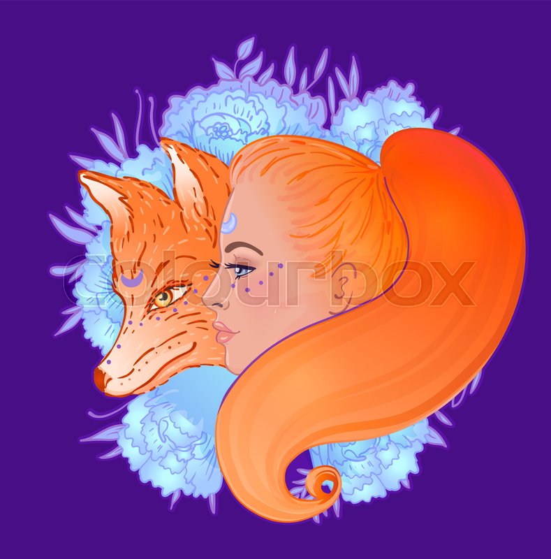 Beautiful woman portrait with a fox ... | Stock vector | Colourbox