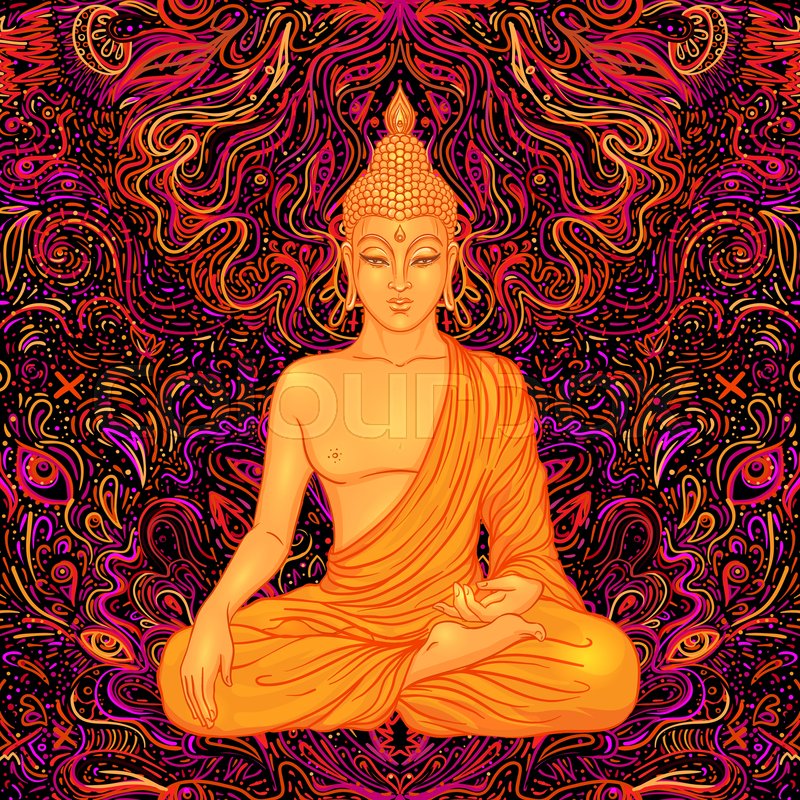 Sitting Buddha over colorful neon ... | Stock vector | Colourbox