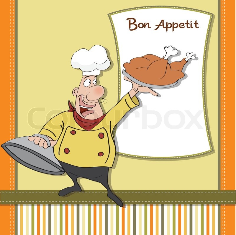 Funny cartoon chef with tray of food ... | Stock vector | Colourbox