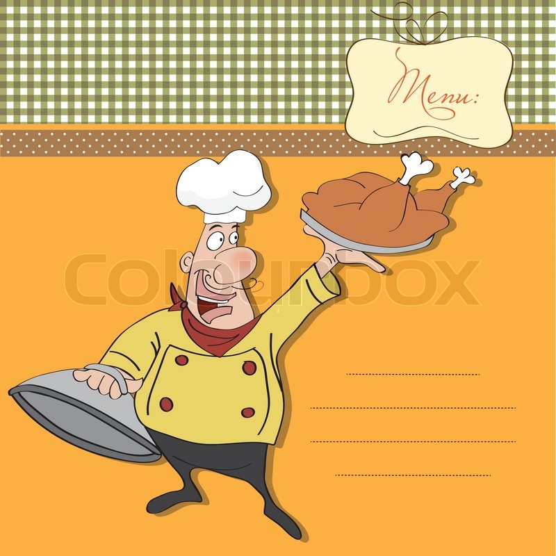 Funny cartoon chef with tray of food ... | Stock vector | Colourbox
