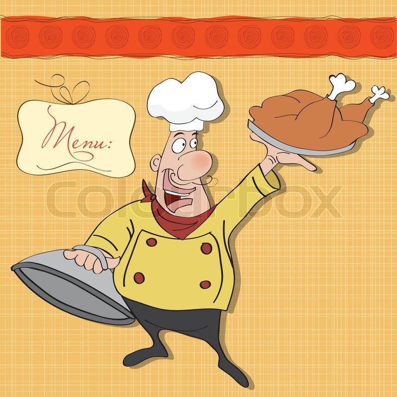 Funny cartoon chef with tray of food ... | Stock vector | Colourbox