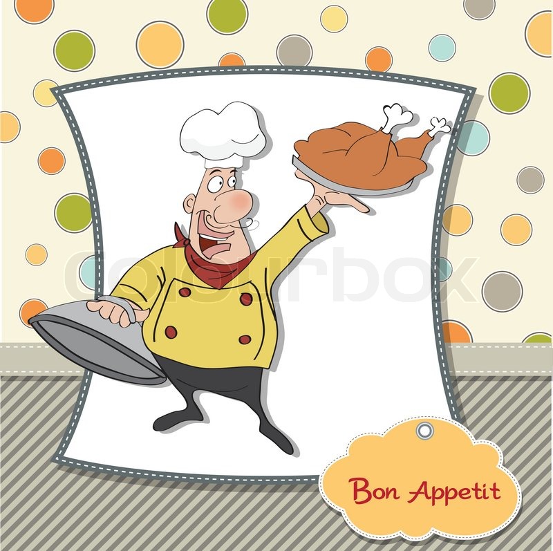 Funny cartoon chef with tray of food ... | Stock vector | Colourbox