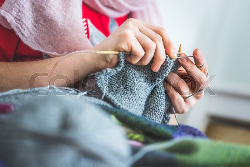 Knitting at home: Close up of wool, ... | Stock image | Colourbox