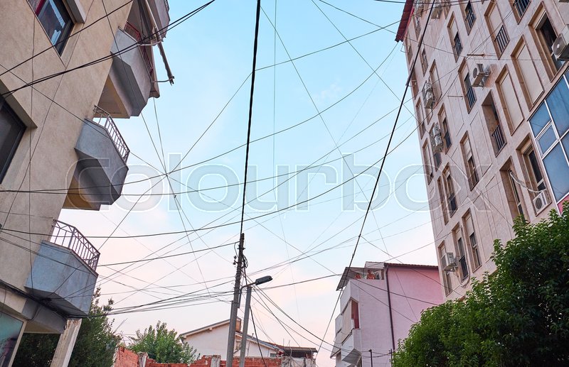 Wires on buildings in a residential ... | Stock image | Colourbox
