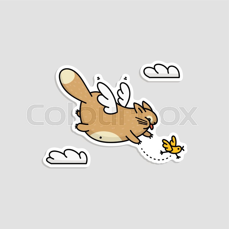 Cute cartoon cat with wings flying in ... | Stock vector | Colourbox