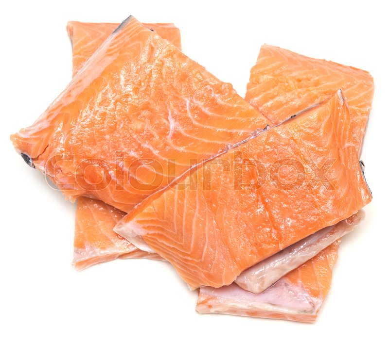 Pieces of red fish isolated on white ... | Stock image | Colourbox