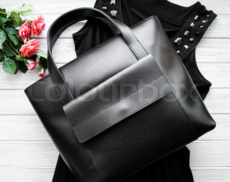 Black leather women’s bag. Flat lay. ... | Stock image | Colourbox