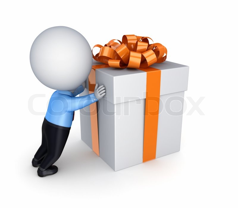 3d small person pushing a gift box | Stock image | Colourbox