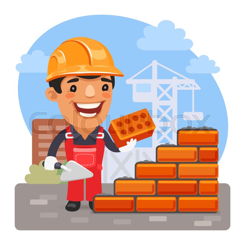 Cartoon stonemason builder lays a ... | Stock vector | Colourbox