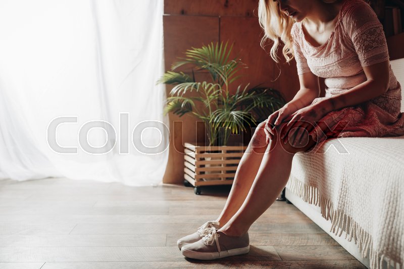 Cropped View Of Woman Touching Knee Stock Image Colourbox