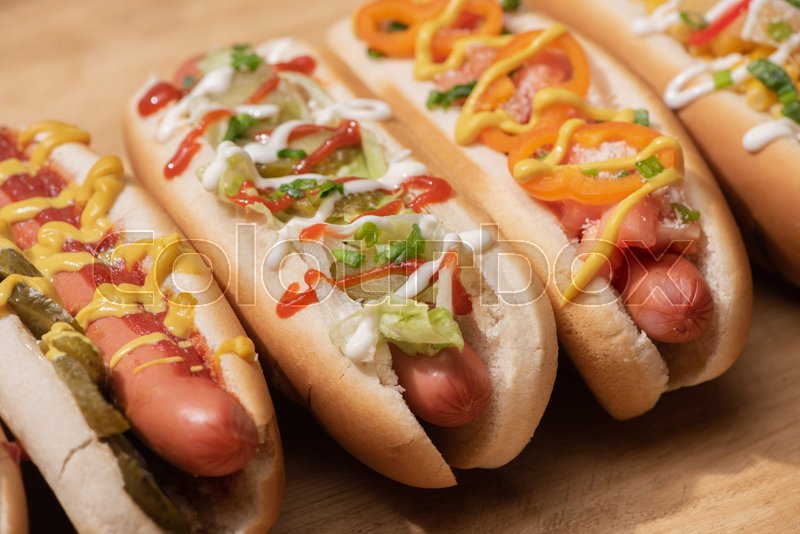 Fresh various delicious hot dogs with ... | Stock image | Colourbox