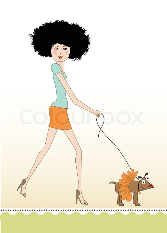 Pretty young lady with her dog dressed | Stock vector | Colourbox