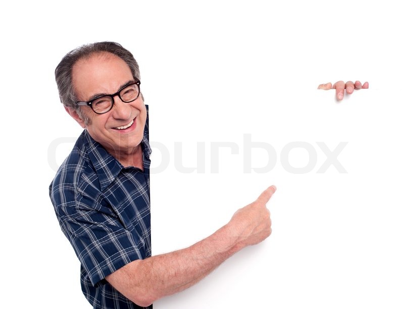 Man pointing at white blank poster | Stock image | Colourbox