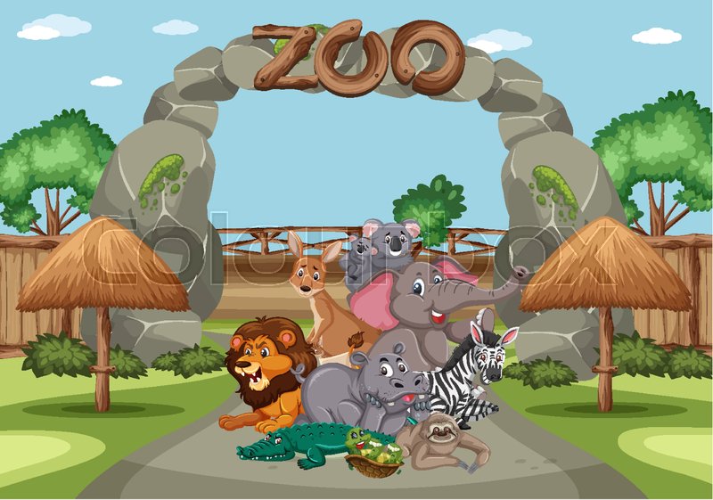 Scene with wild animals in the zoo at ... | Stock vector | Colourbox