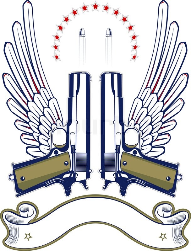Gun and bullet emblem with wings and ... | Stock vector | Colourbox