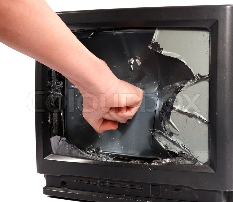 Man's hand crush old television screen | Stock image | Colourbox