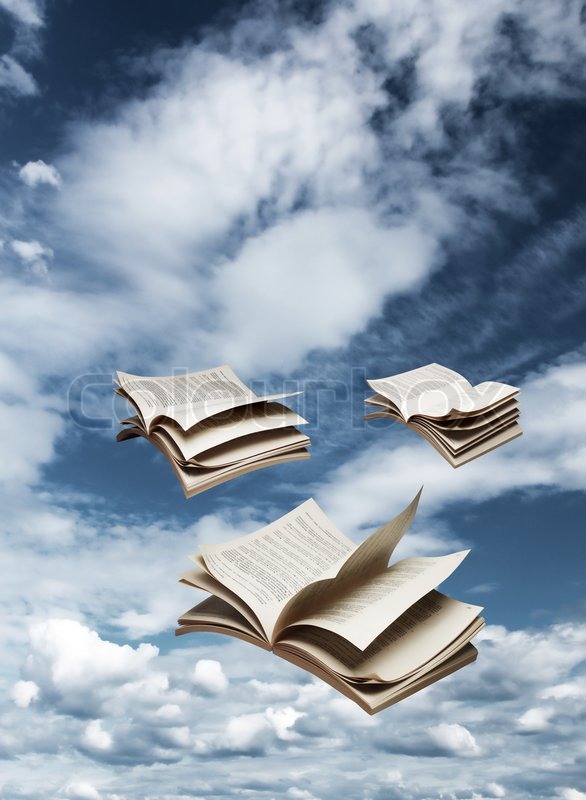 Three open books flying on blue sky | Stock image | Colourbox