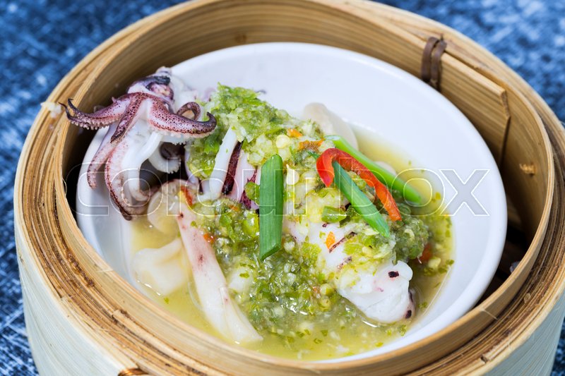 Dim sum squid in bamboo steamer, ... | Stock image | Colourbox