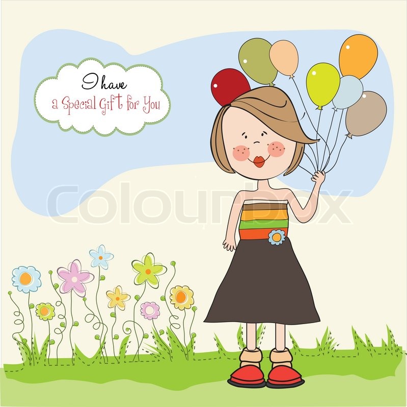 Funny girl with balloon, birthday ... | Stock vector | Colourbox