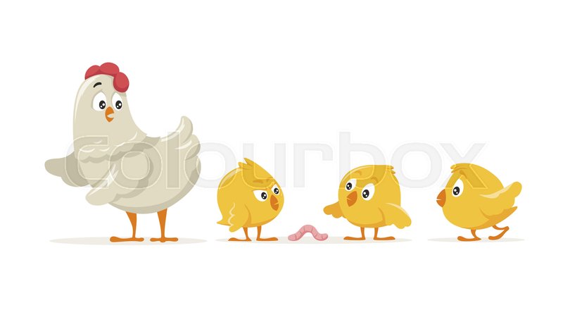Cartoon mother hen and three yellow ... | Stock vector | Colourbox