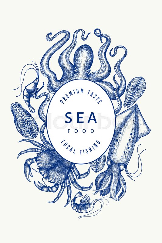 Seafood design template. Hand drawn ... | Stock vector | Colourbox