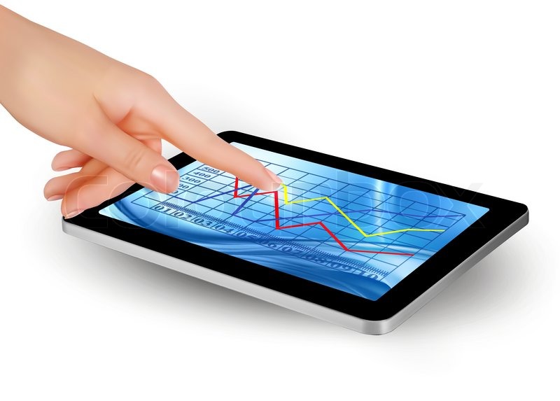Tablet screen with graph and a hand ... | Stock vector | Colourbox