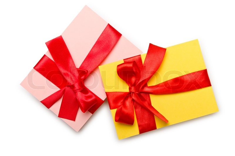 Envelope with colourful ribbon on white | Stock image | Colourbox
