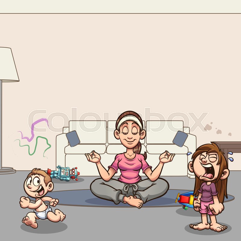 Calm mom meditating in living room ... | Stock vector | Colourbox