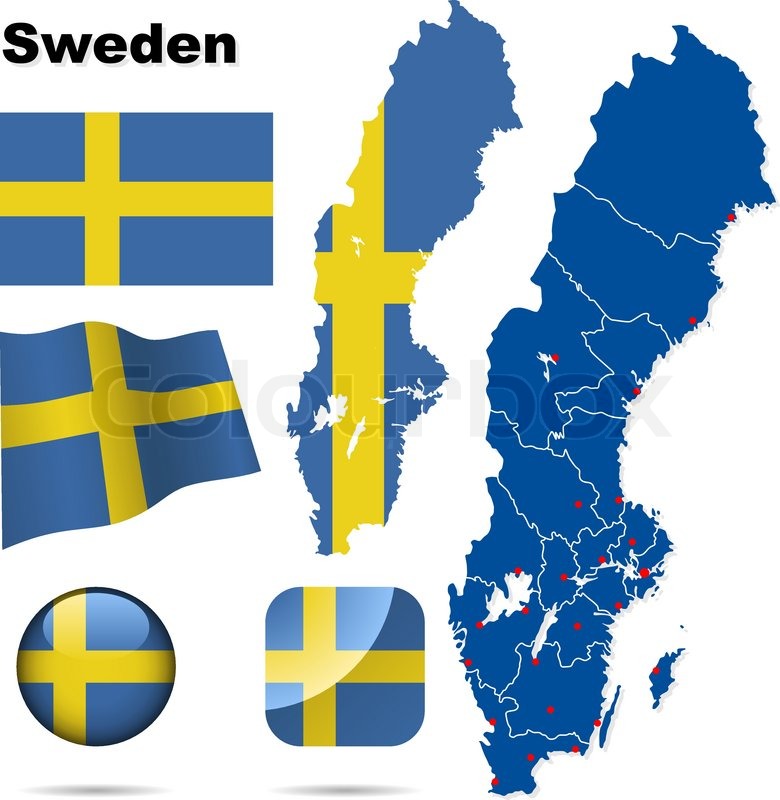 Sweden vector set. Detailed country shape with region borders, flags ...