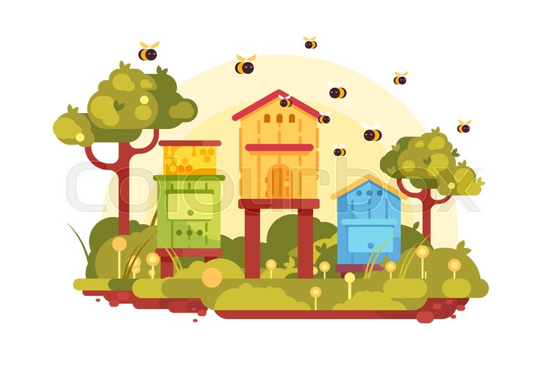 Apiary with bees vector illustration. ... | Stock vector | Colourbox
