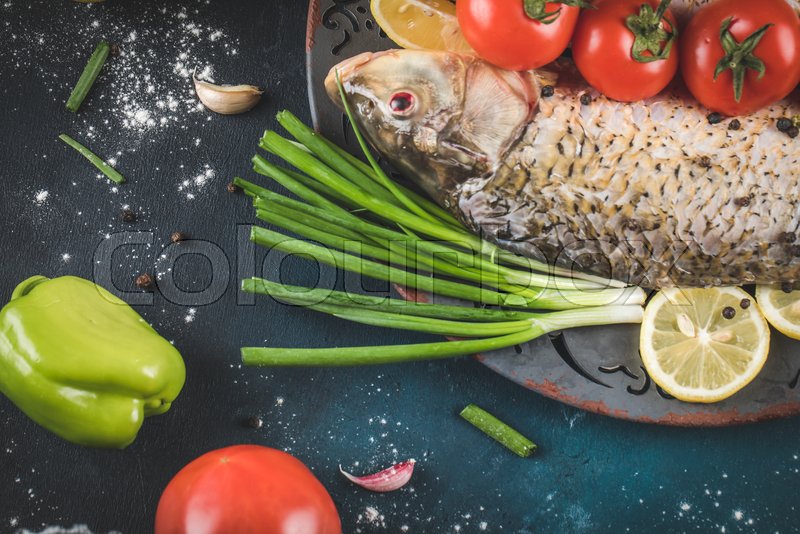 Raw fish with green bell pepper, ... | Stock image | Colourbox