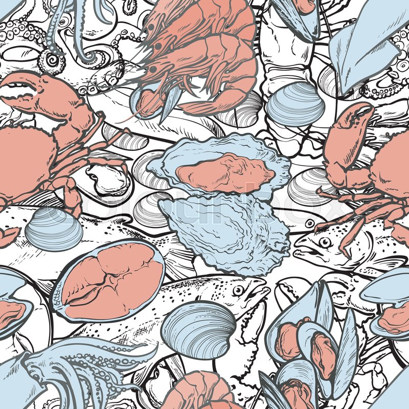 Vector sketch seafood seamless pattern ... | Stock vector | Colourbox