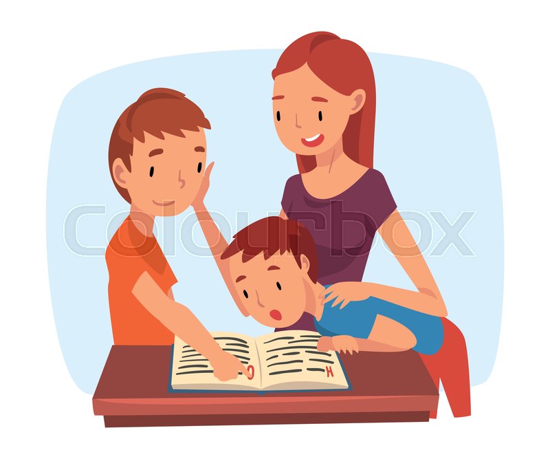 Parent And Child Doing Homework Cartoon