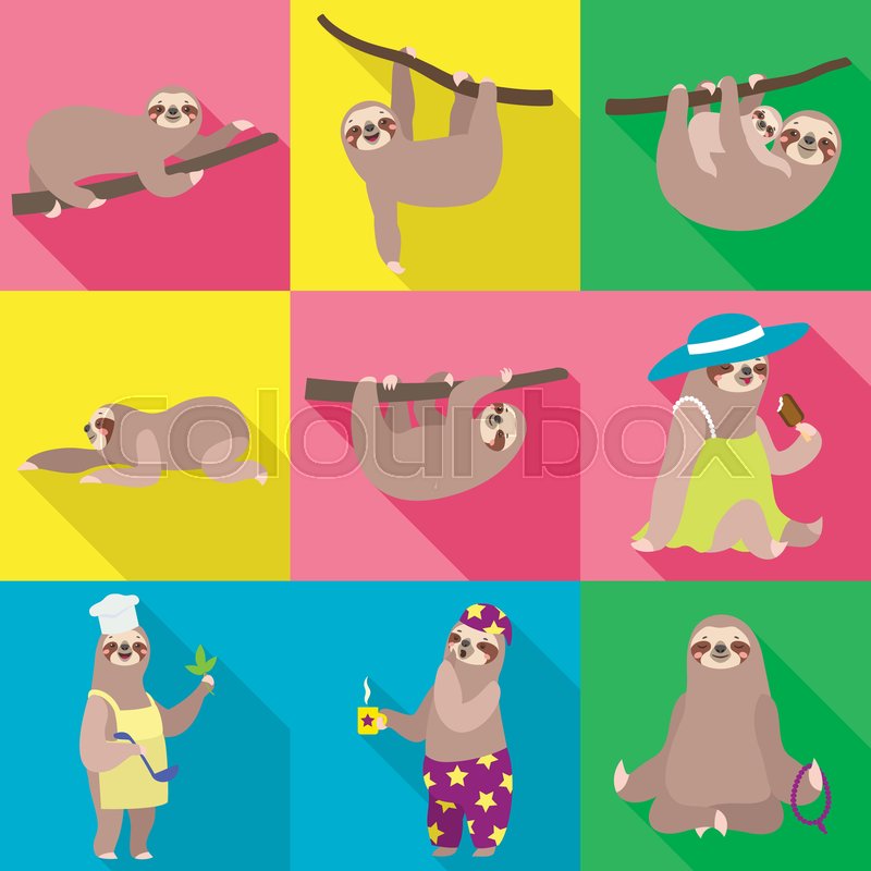 Cute sloth icon set. Flat set of 9 ... | Stock vector | Colourbox