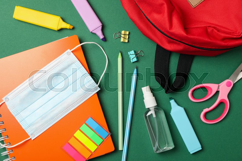 School supplies with medical mask and ... | Stock image | Colourbox