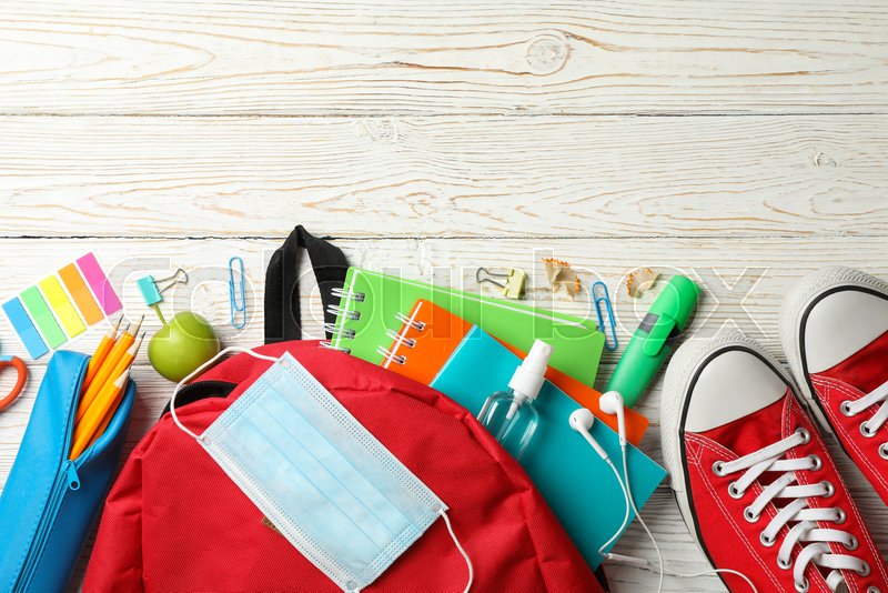 School supplies with medical mask and ... | Stock image | Colourbox