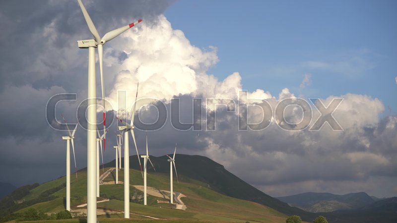 Huge high wind turbines on the hill, ... | Stock video | Colourbox
