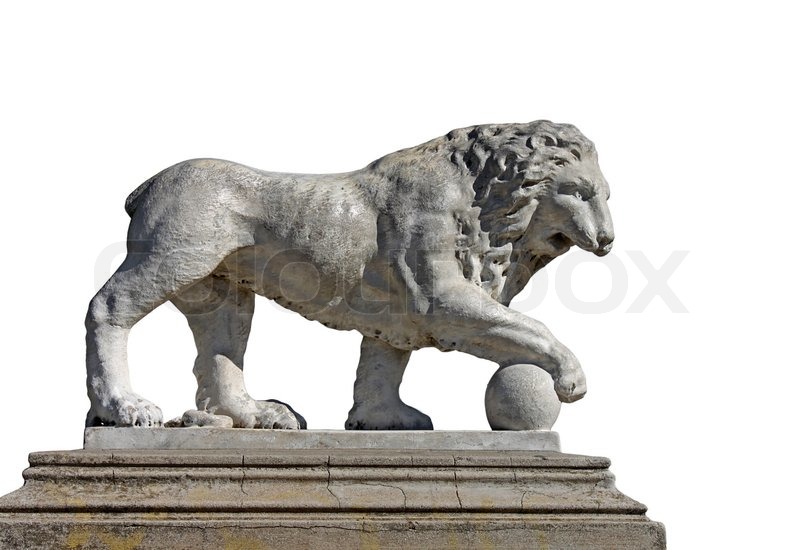 Statue of lion with ball isolated on ... | Stock image | Colourbox