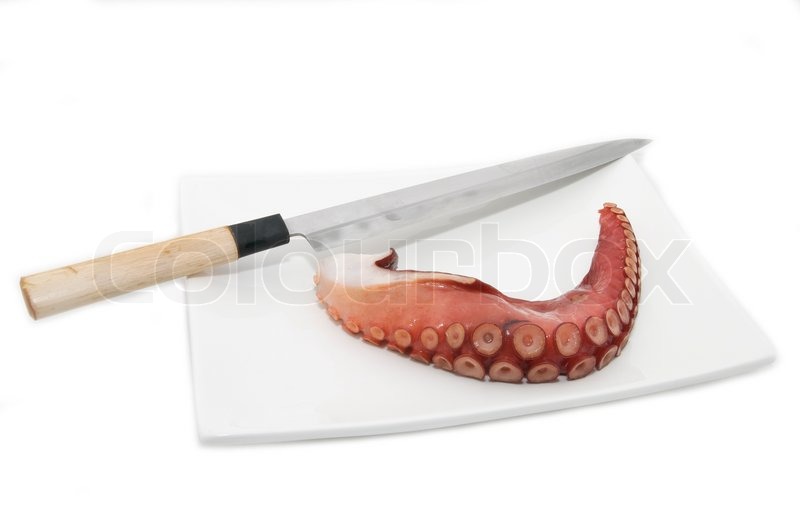 Octopus, and a kitchen knife on a white ... | Stock Photo | Colourbox