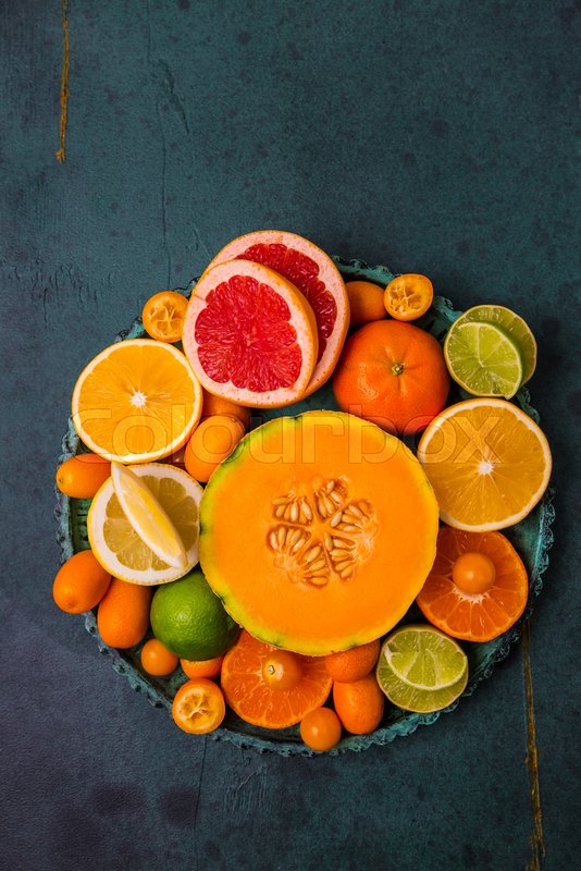 Flat lay layout of fruit citrus and ... | Stock image | Colourbox