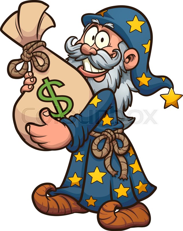 Cartoon wizard holding a big bag of ... | Stock vector | Colourbox